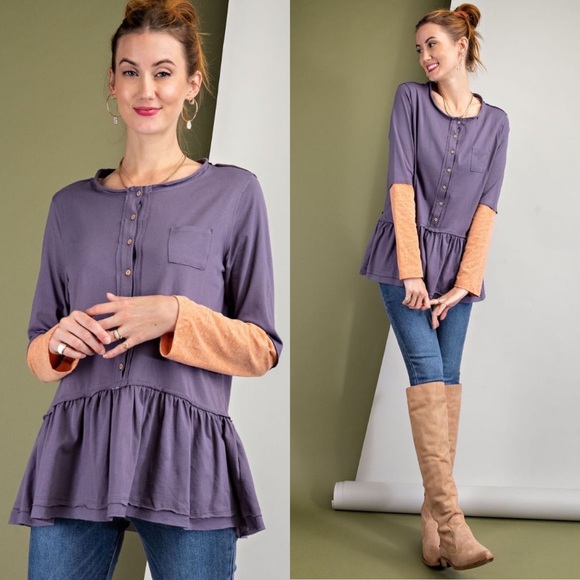 easel | Tops | Easel On The Block Long Sleeve Colorblock Henley Ruffle ...